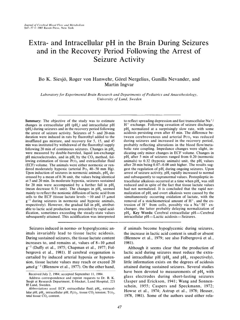 Siesjo Et Al 1985 Extra and Intracellular PH in The Brain During ...