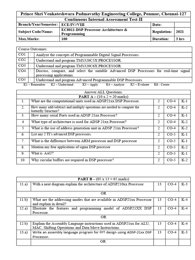 Ciat2 - Iv Ece - Dsp-A | PDF | Digital Signal Processor | Central Processing Unit