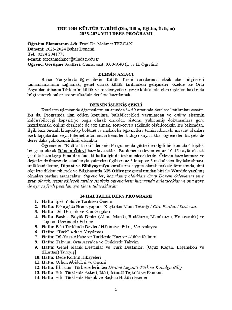 TRH1004 - Kultur Tarihi 2024 Ders Programi | PDF