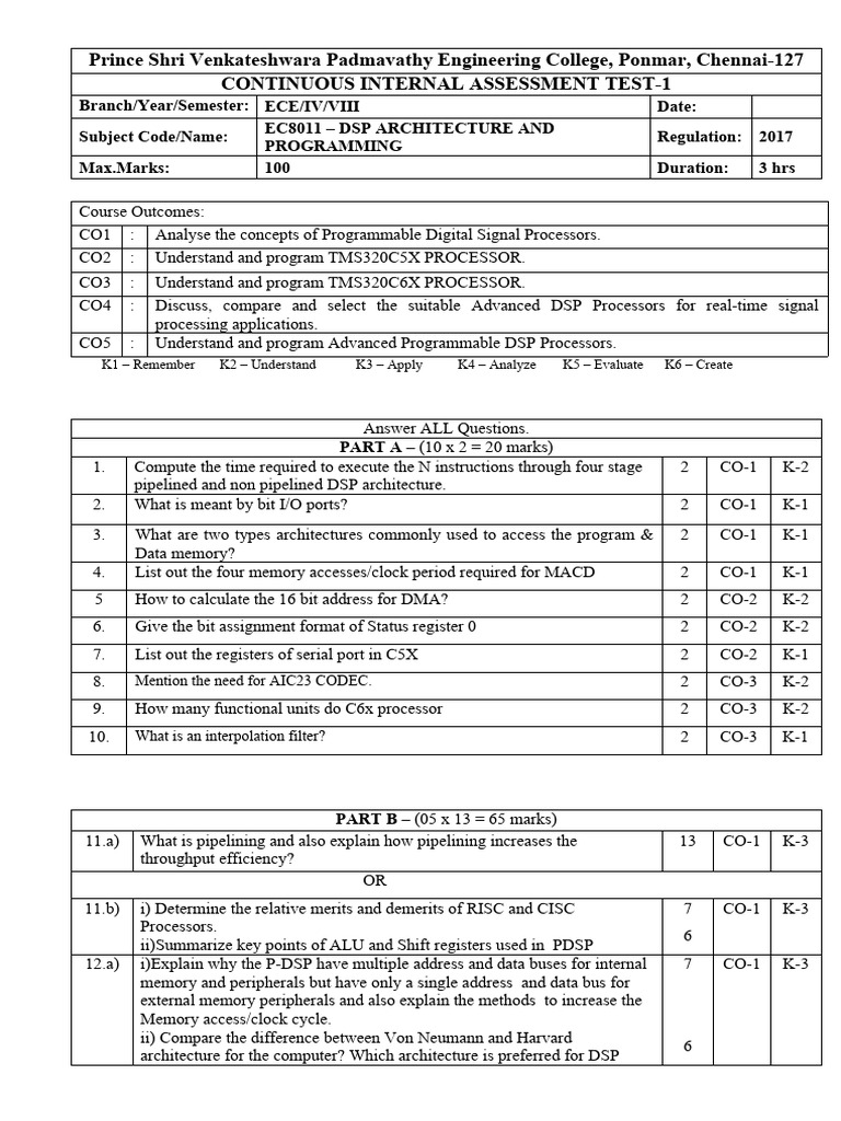 CIAT - 1 - QP - IV ECE - DSP - Architecture | PDF | Digital Signal Processor | Central ...