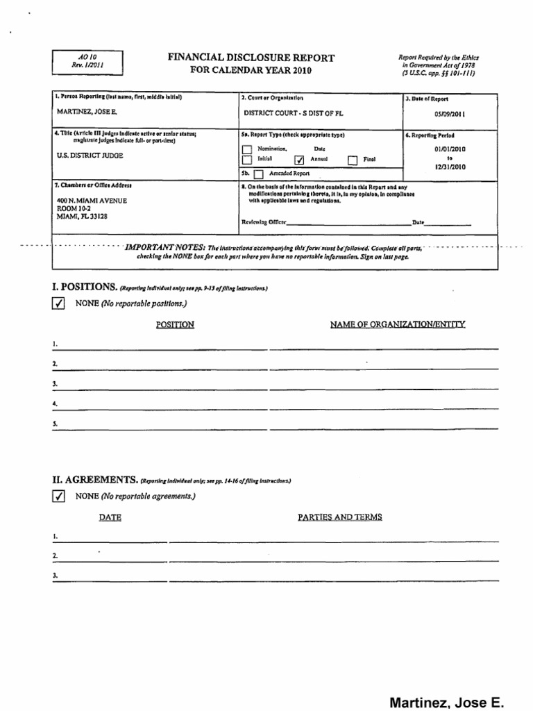 Jose E Martinez Financial Disclosure Report For 2010 | PDF | Florida ...
