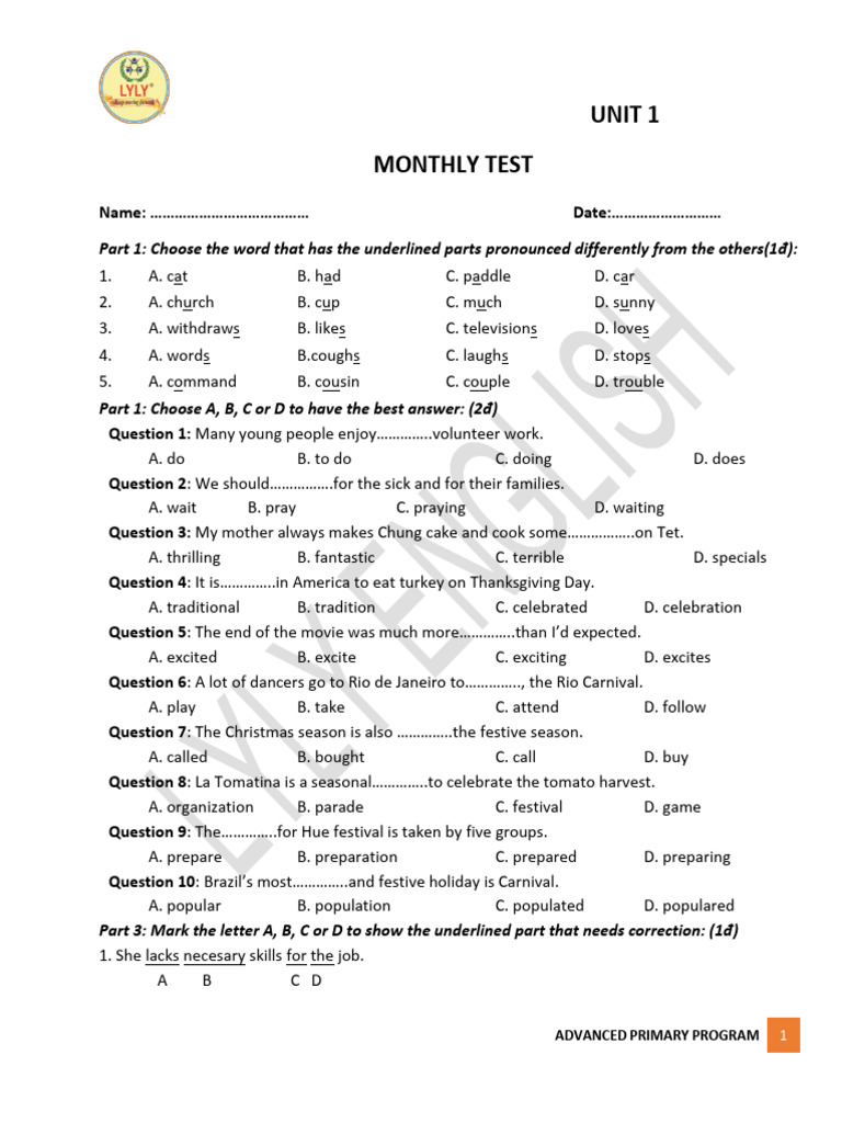 U1L1-L4 - Monthly Test - Student Handout | PDF | Language Arts & Discipline