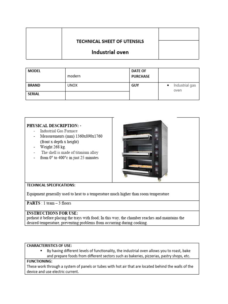 Industrial Oven Technical Data Sheet | PDF | Oven | Water