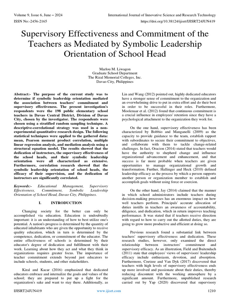 Supervisory Effectiveness and Commitment of The Teachers As Mediated by Symbolic Leadership ...