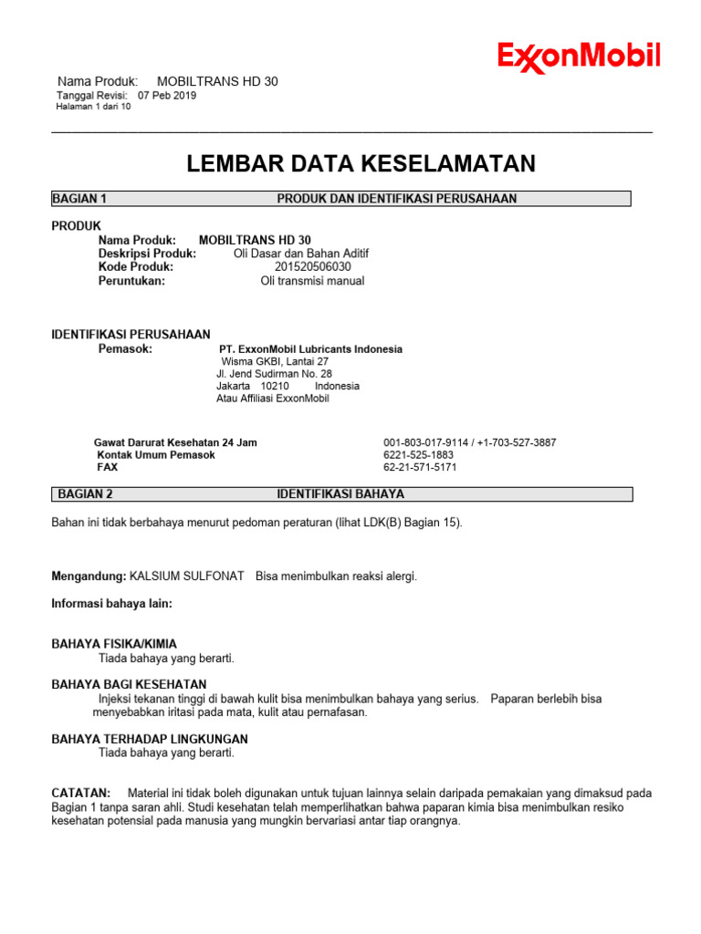 MSDS Mobiltrans HD 30 | PDF | Kesehatan Holistik | Sains & Matematika