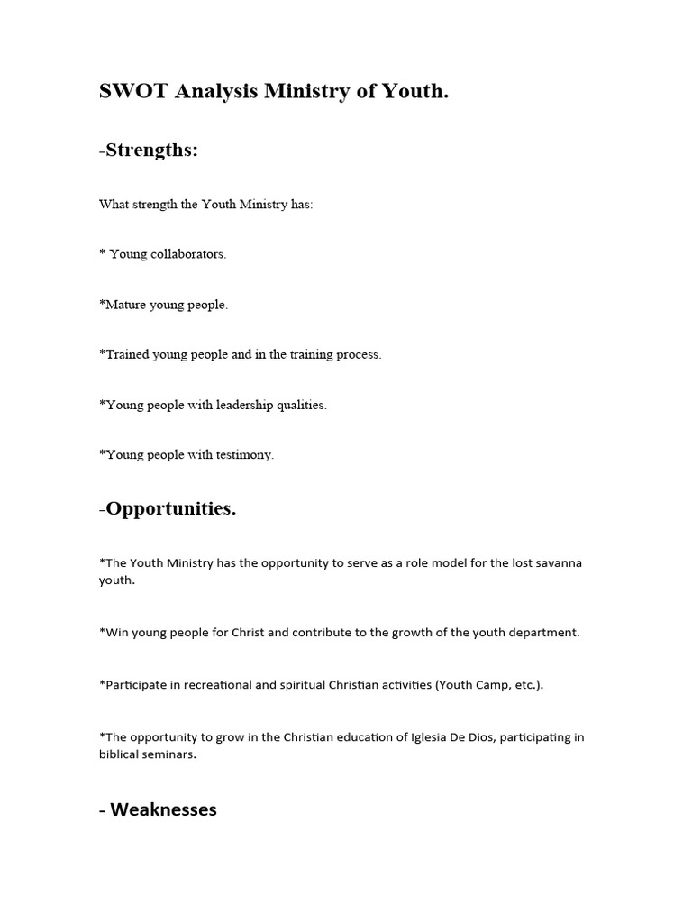 SWOT Analysis Youth Ministry | PDF