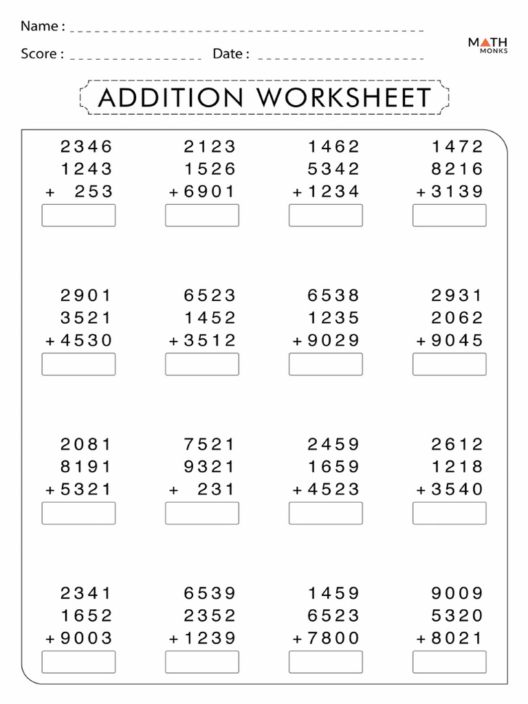 4th Grade Addition Worksheets | PDF