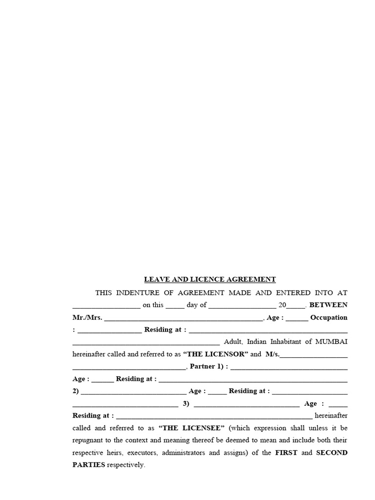 English Leave & Licence Aggreement - Partners | PDF | License | Landlord
