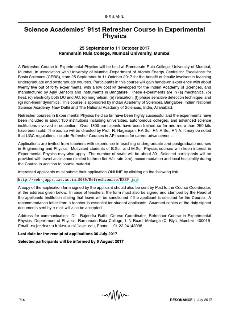 Science Academies' 91st Refresher Course in Experimental Physics | PDF ...