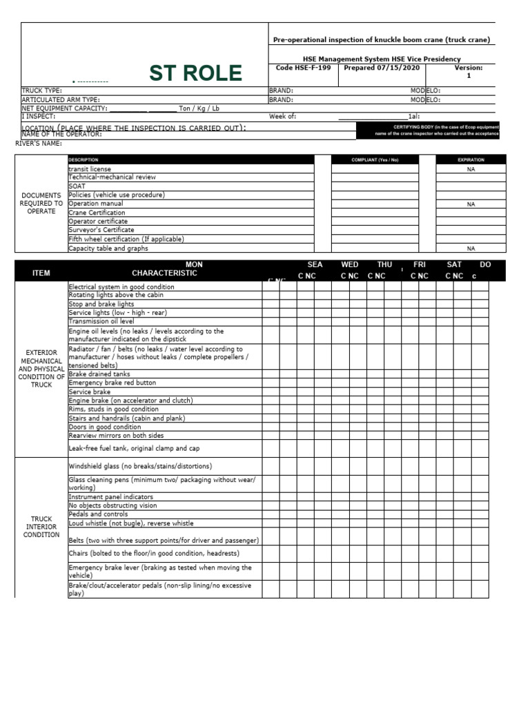 HSE-F-199 Pre-Operational Inspection of Crane Truck | PDF | Truck ...
