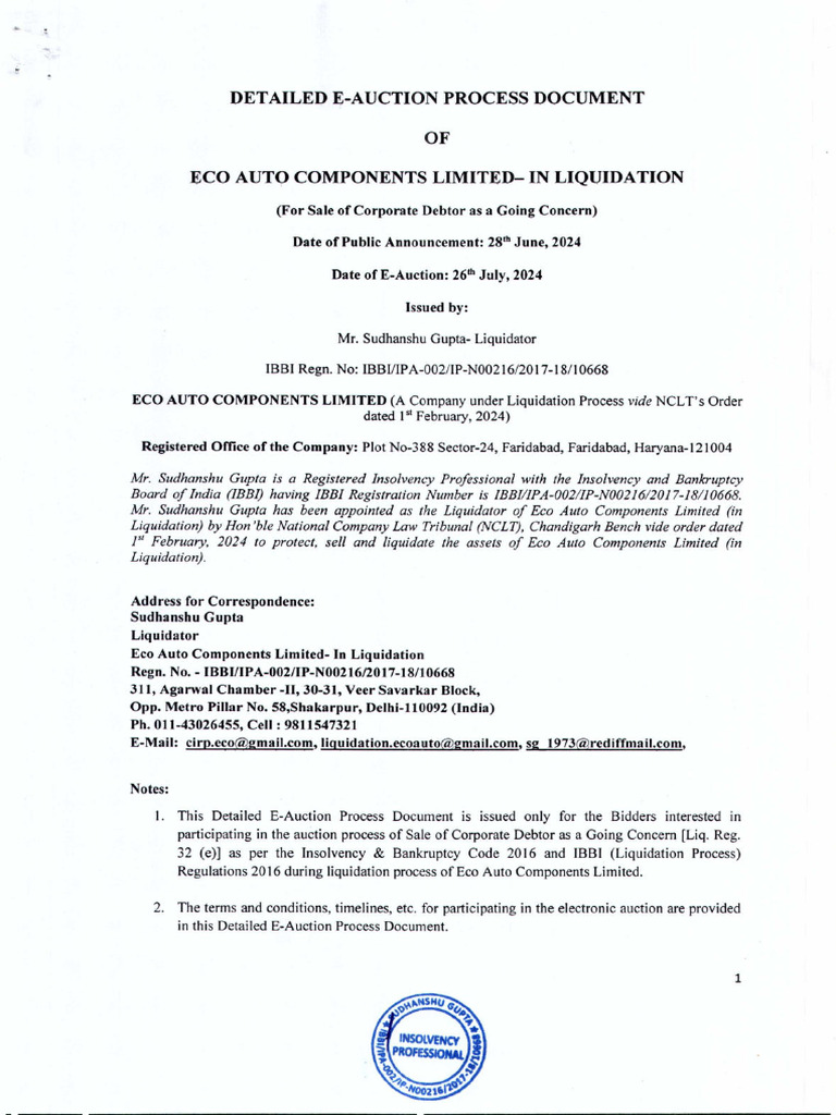 Detailed E-Auction Process Document | PDF | Bankruptcy | Auction