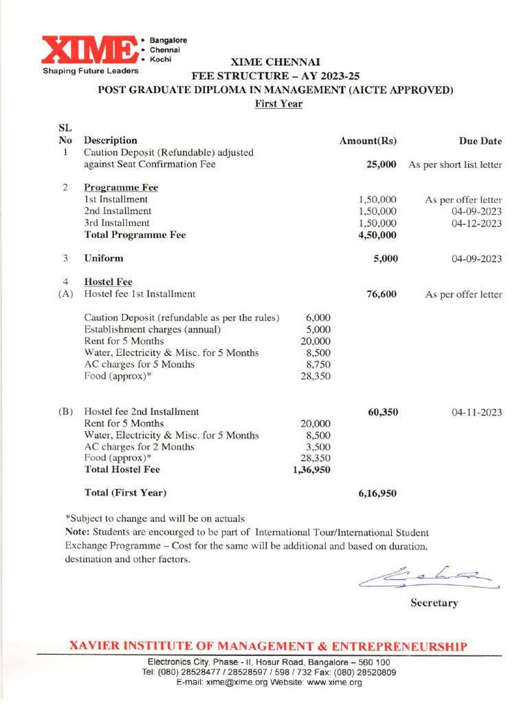 Fee Structure - PGDM Chennai | PDF