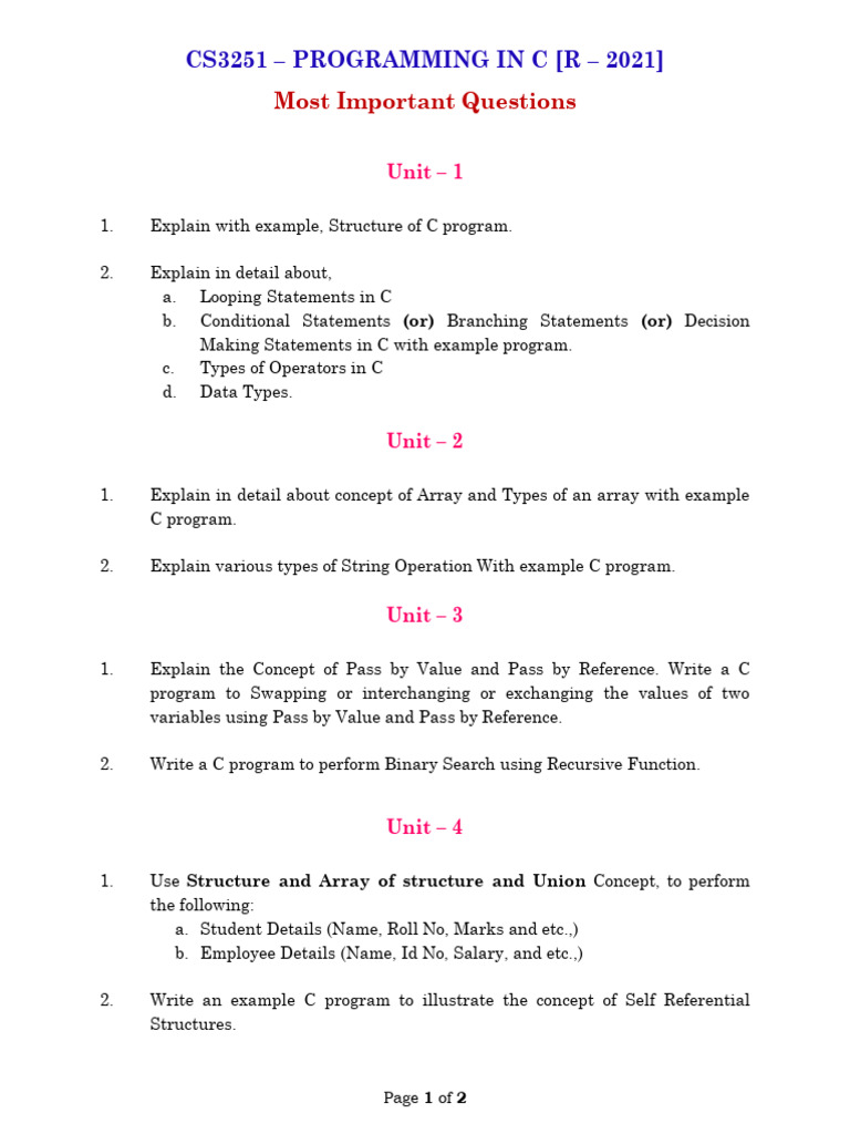 Cs3251 Programming In C Important Questions R 2021 Pdf Computer Program Programming 2671