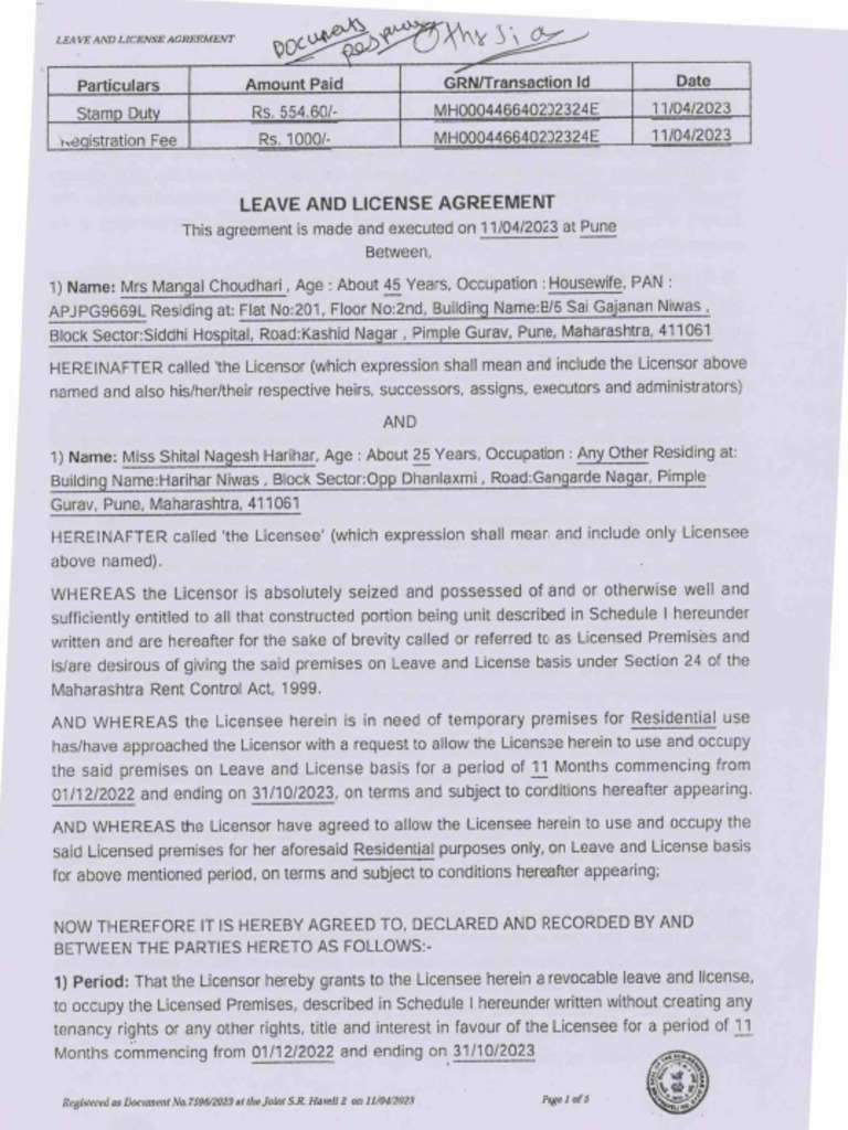 Leave and License Agreement | Download Free PDF | License | Landlord