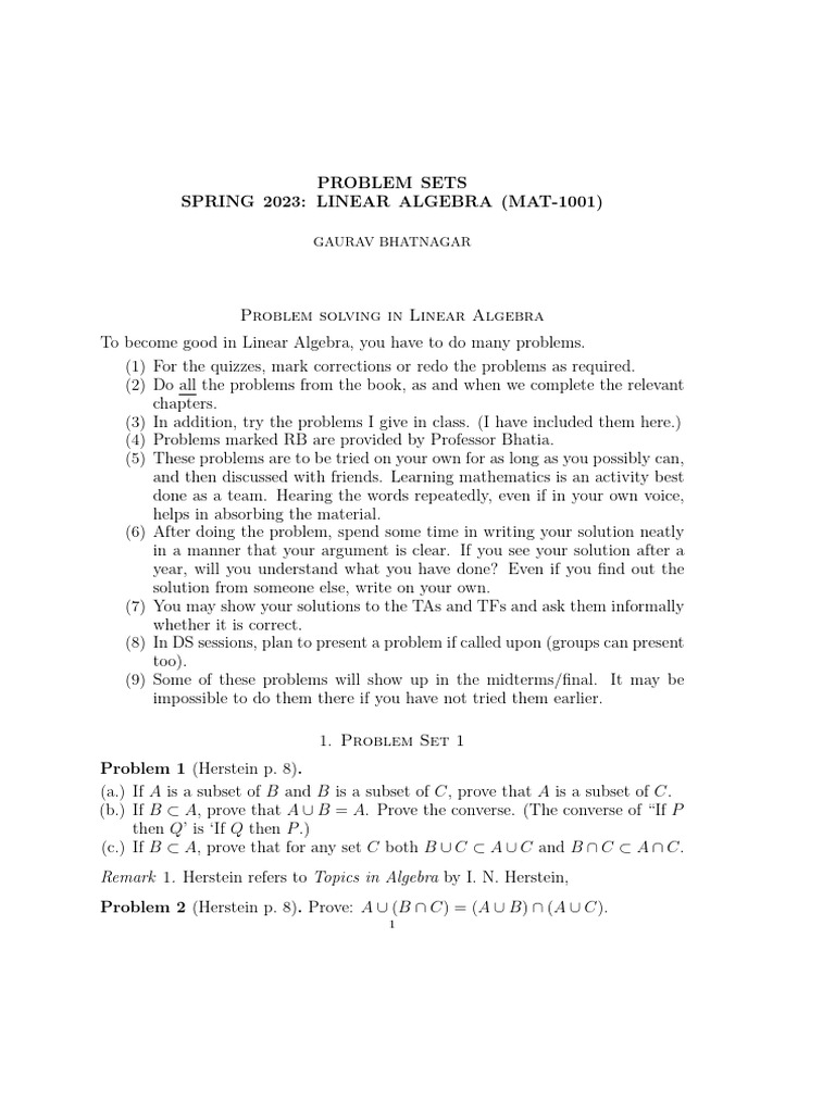 Linear Algebra Problem Sets 2023 | PDF | Matrix (Mathematics) | Eigenvalues And Eigenvectors