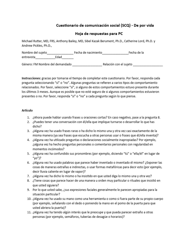 Cuestionario de Comunicación Social (SCQ) : Hoja de Respuestas de ... Cuestionario de Comunicación Social (SCQ) : Hoja de Respuestas de ...