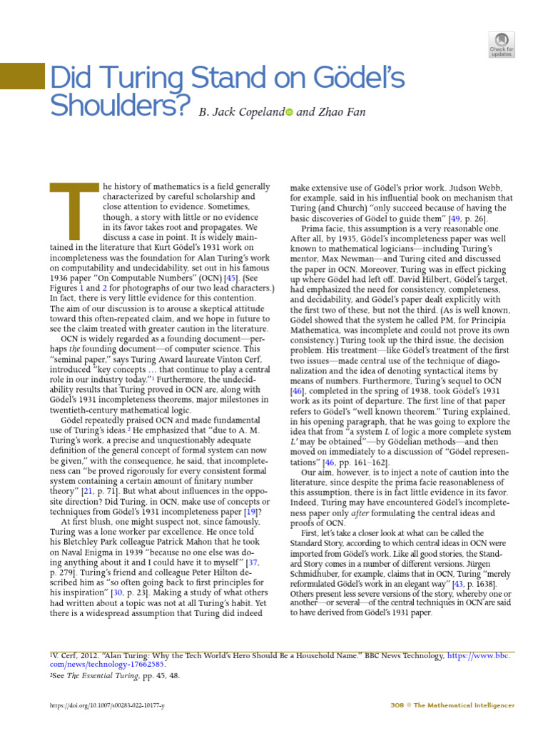 Turing Stand On Godel Shoulders | PDF | Mathematical Logic ...