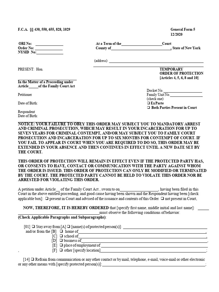 Temporary Order of Protection NY | PDF | Restraining Order | Criminal Law