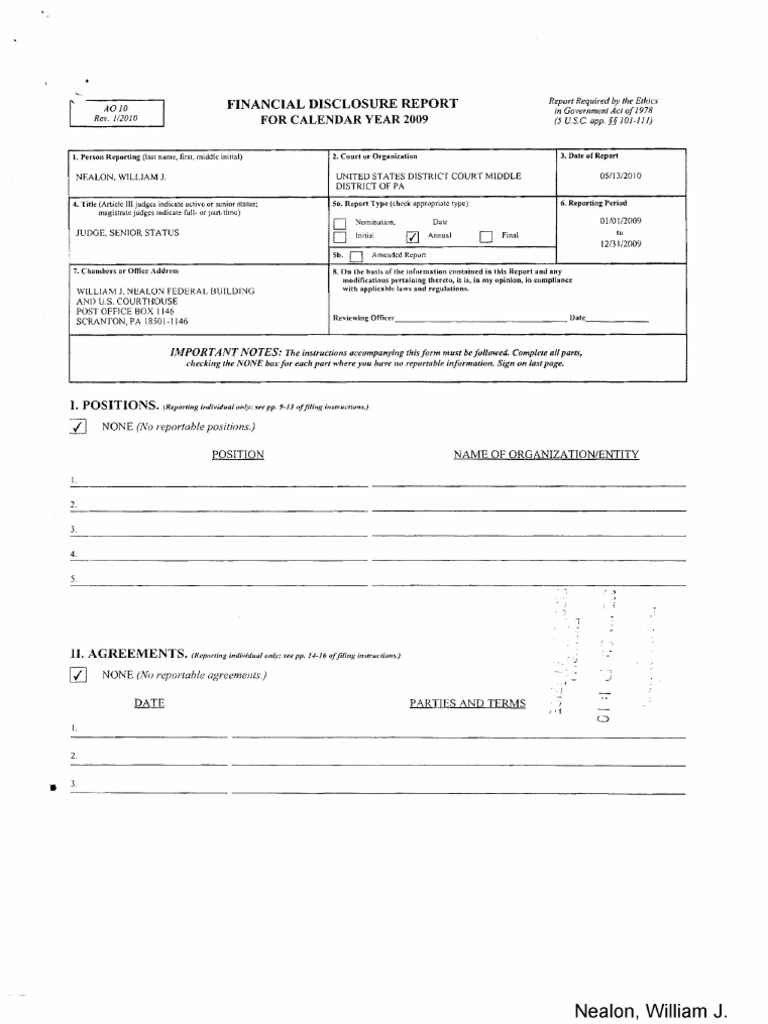 William J Nealon Financial Disclosure Report For 2009 | PDF ...