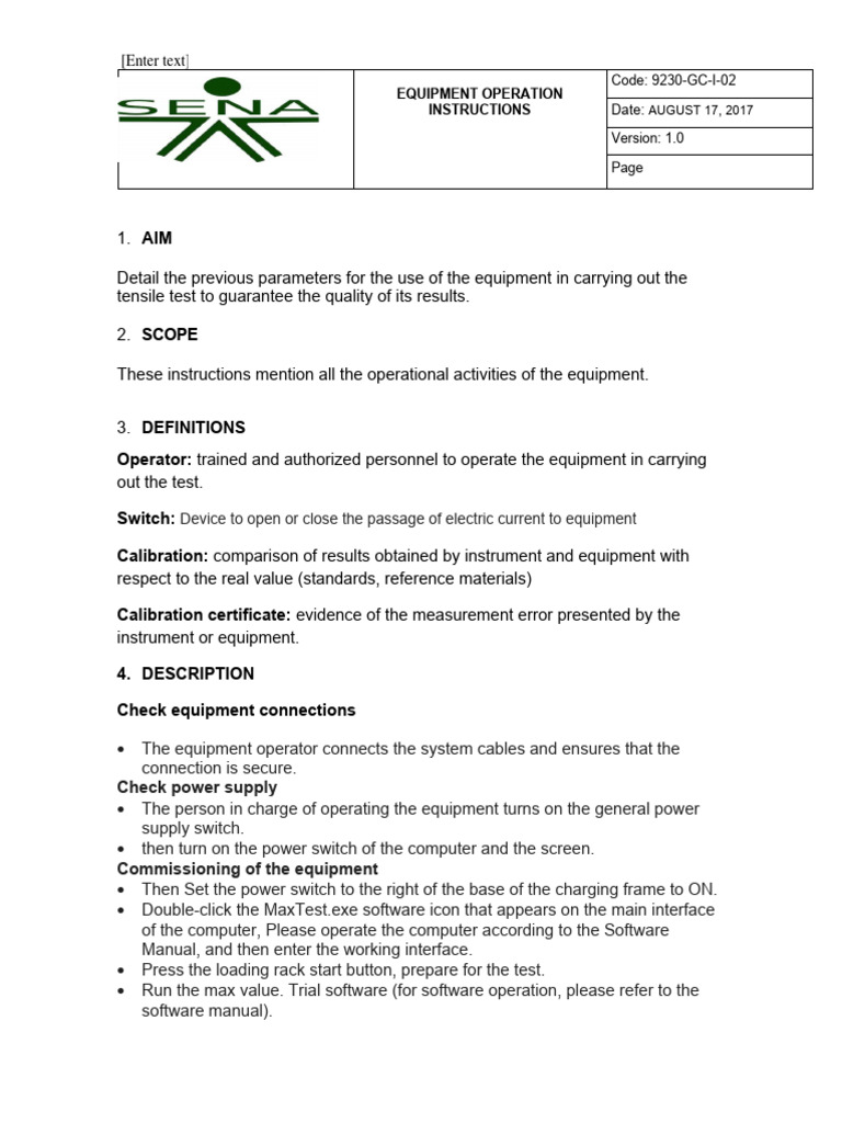 Equipment Operation Instructions | PDF | Calibration | Software