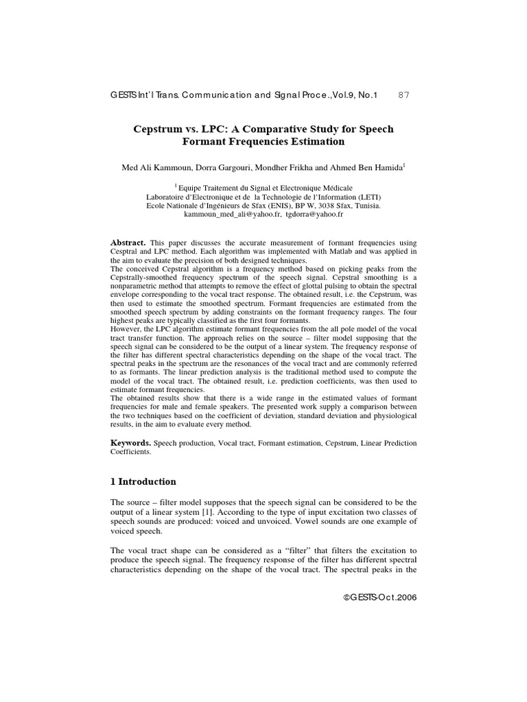 Cepstrum vs. LPC: A Comparative Study For Speech Formant Frequencies Estimation | PDF | Spectral ...