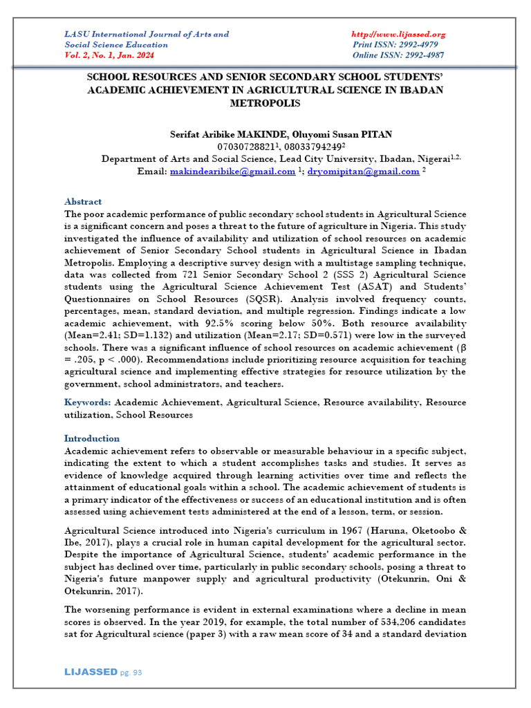 School Resources Impact on Agri Science Achievement | PDF | Science