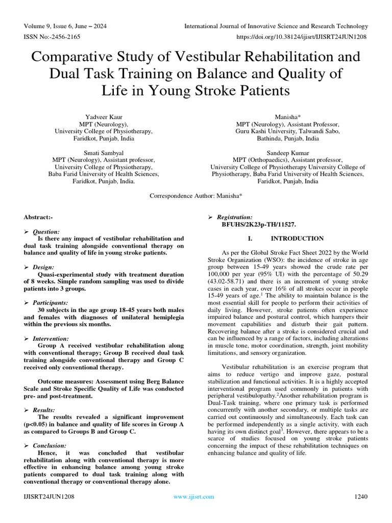 Comparative Study of Vestibular Rehabilitation and Dual Task Training ...