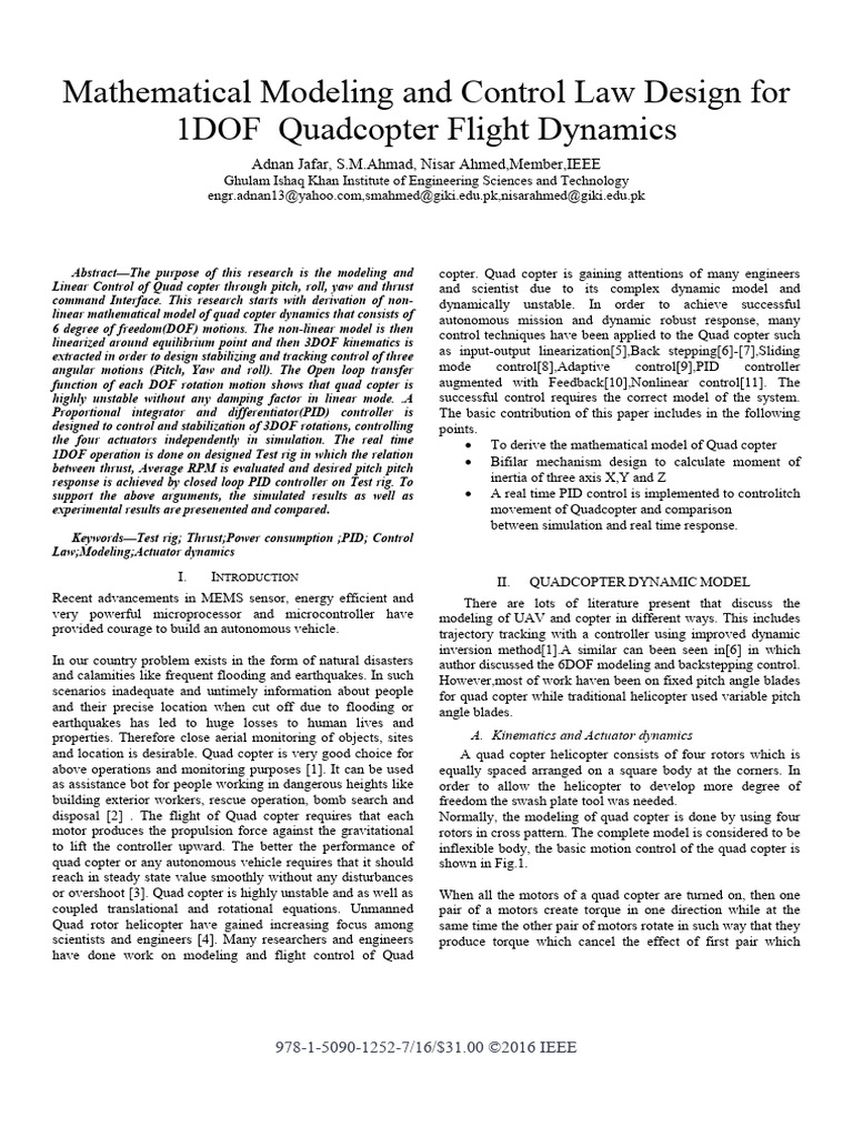 Mathematical Modeling and Control Law Design For 1dof Quadcopter Flight Dynamics | PDF ...
