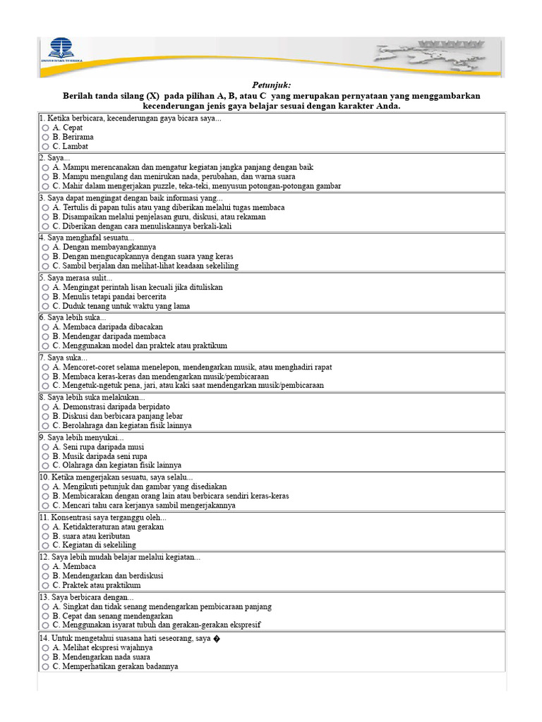 Instrumen Gaya Belajar Visual, Audio Dan Kinsetik | PDF