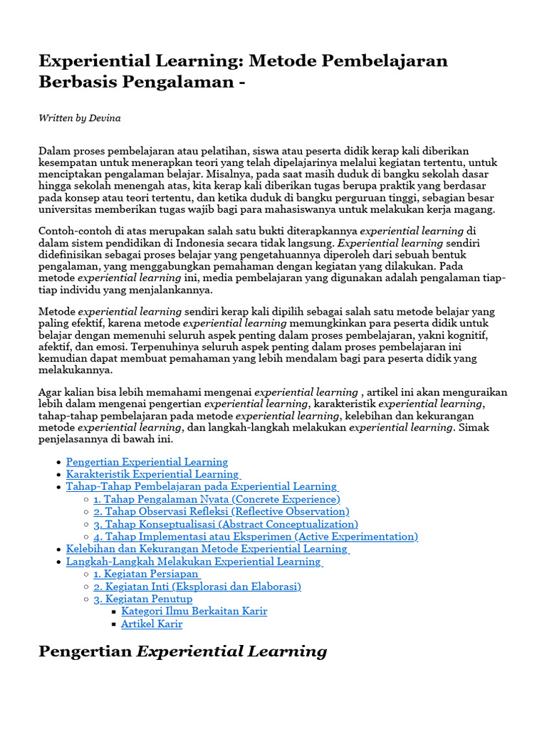 Experiential Learning - Metode Pembelajaran Berbasis Pengalaman | PDF