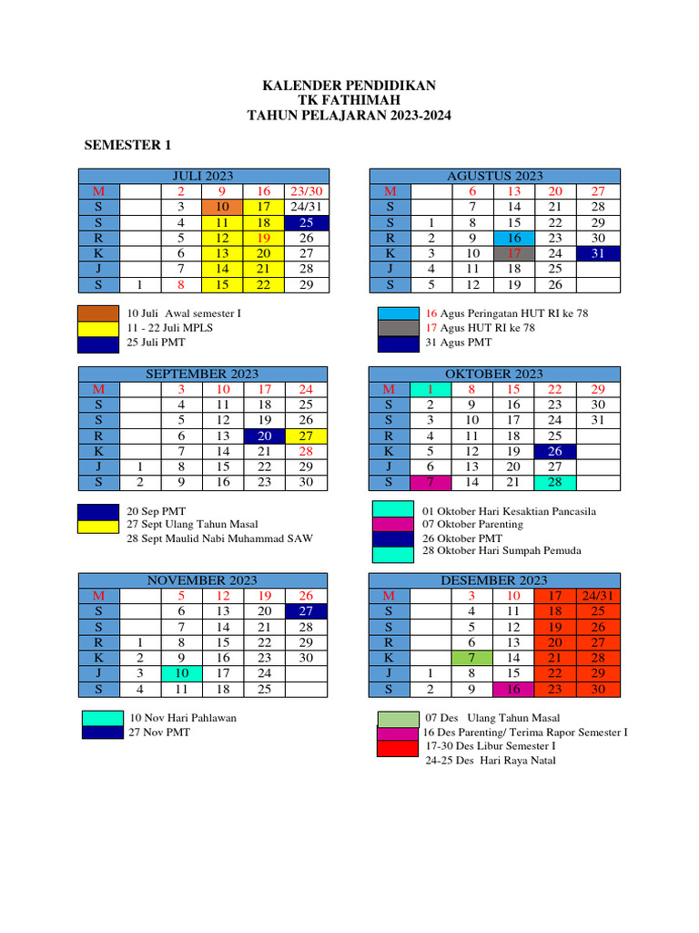 Kalender Pendidikan TK Fathimah TAHUN PELAJARAN 2023-2024 Semester 1 | PDF