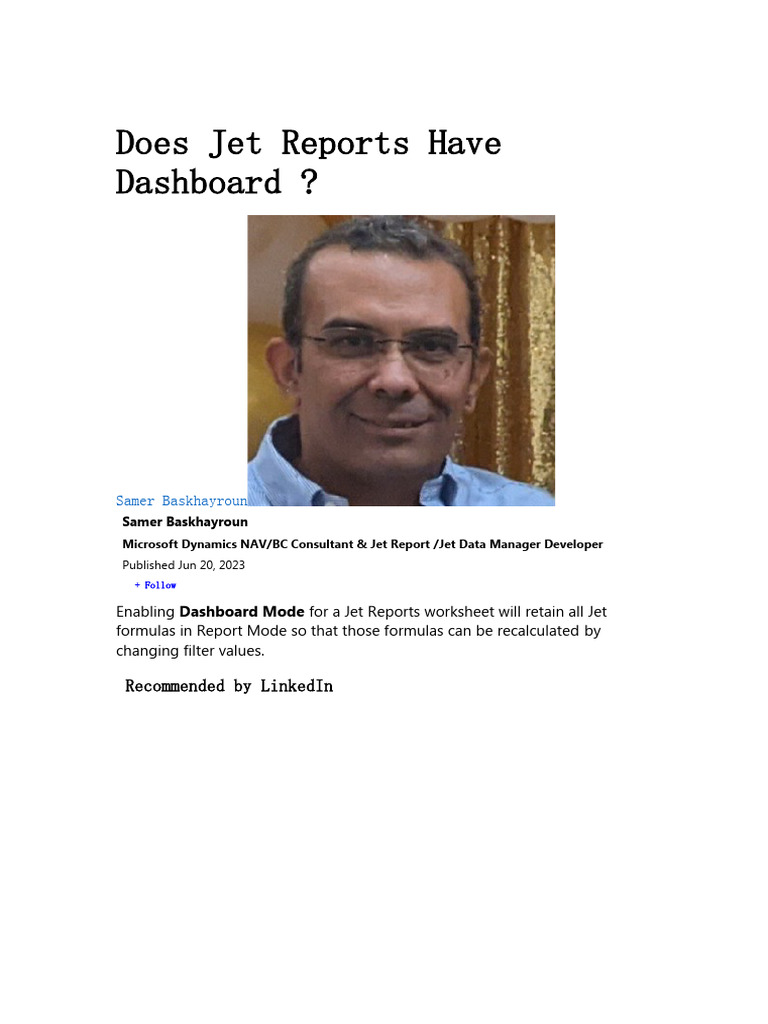 Does Jet Reports Have Dashboard | PDF | Microsoft Excel | Worksheet