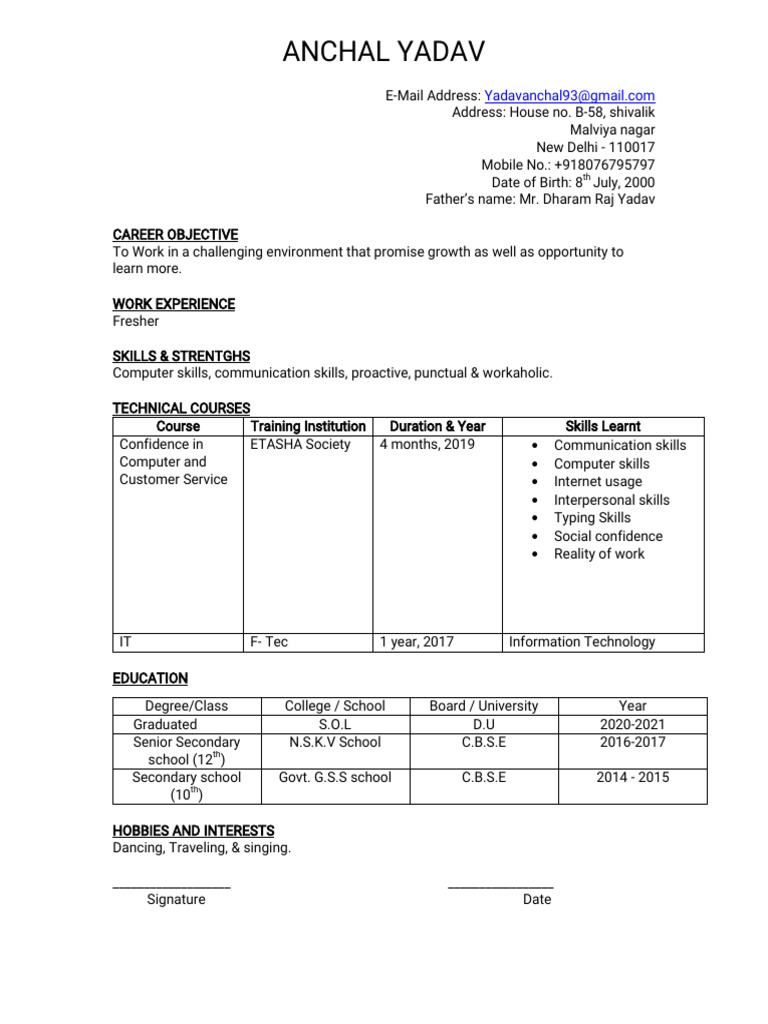 CV Anchal Yadav Cccs 165. | PDF