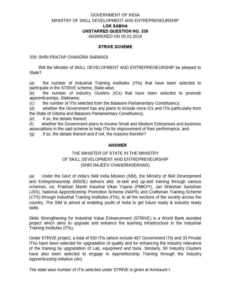 STRIVE Scheme ITI & IC Selection | PDF | Government Of India | Politics ...