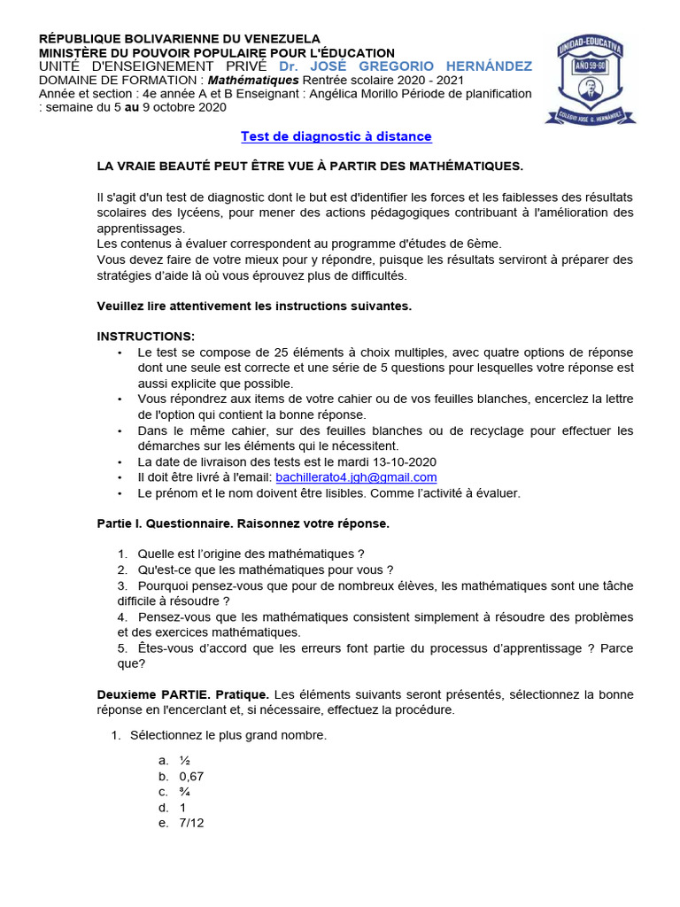 Test de Diagnostic Mathématique 4ème Année | PDF | Mathématiques