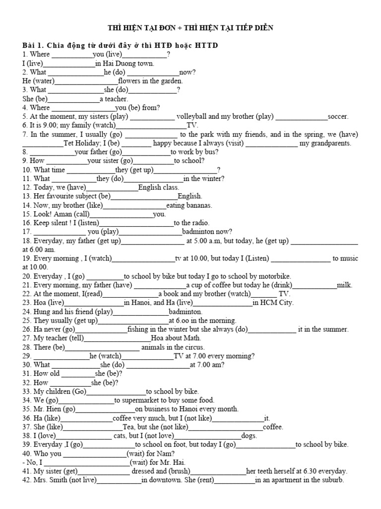 Bai Tap Ket Hop Thi Hien Tai Don Va Hien Tai Tiep Dientrong Tieng Anh | PDF