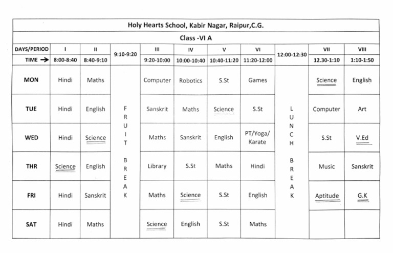 Class 6A Time Table | PDF