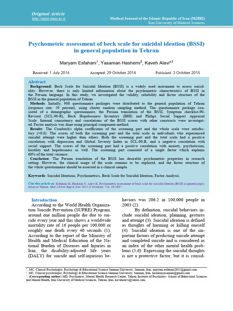 Psychometric Assessment of Beck Scale For Suicidal | PDF | Suicide ...