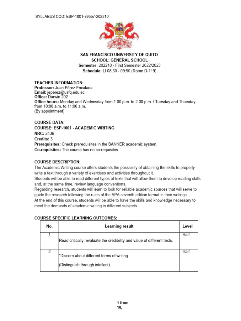 Syllabus Academic Writing Pdf Essays Reading Comprehension