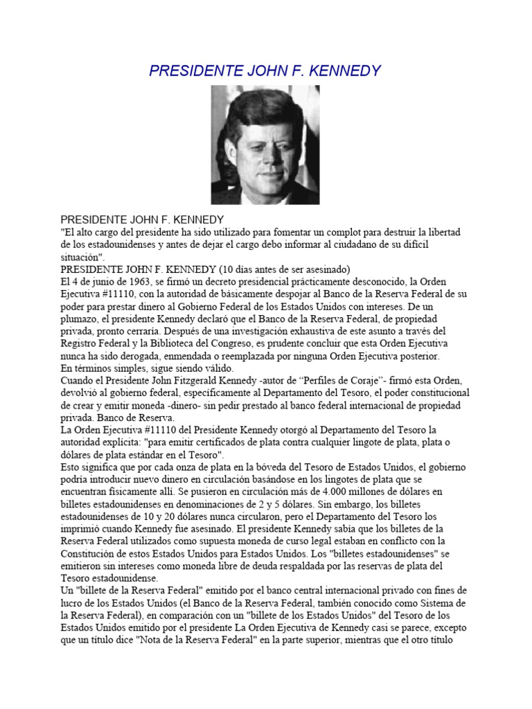 Orden Ejecutiva 11110 de JFK | PDF | Billete de banco | Dólar de los Estados Unidos