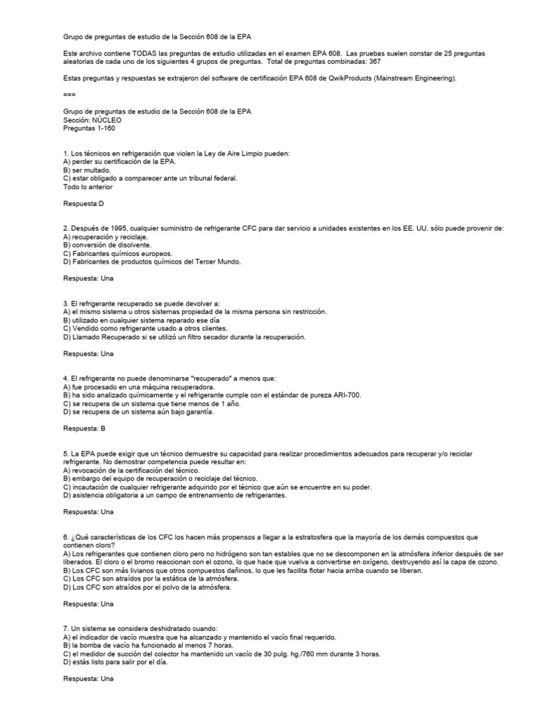 Preguntas de La Prueba de Certificación EPA 608 | PDF | Clorofluorocarbono | Refrigerante