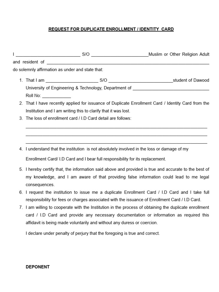 Undertaking For Duplicate Enrollment or I.D Card | PDF