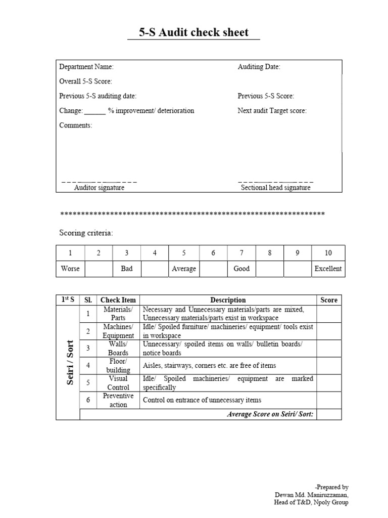 5S Audit Check & Scoring Sheet | PDF | Audit