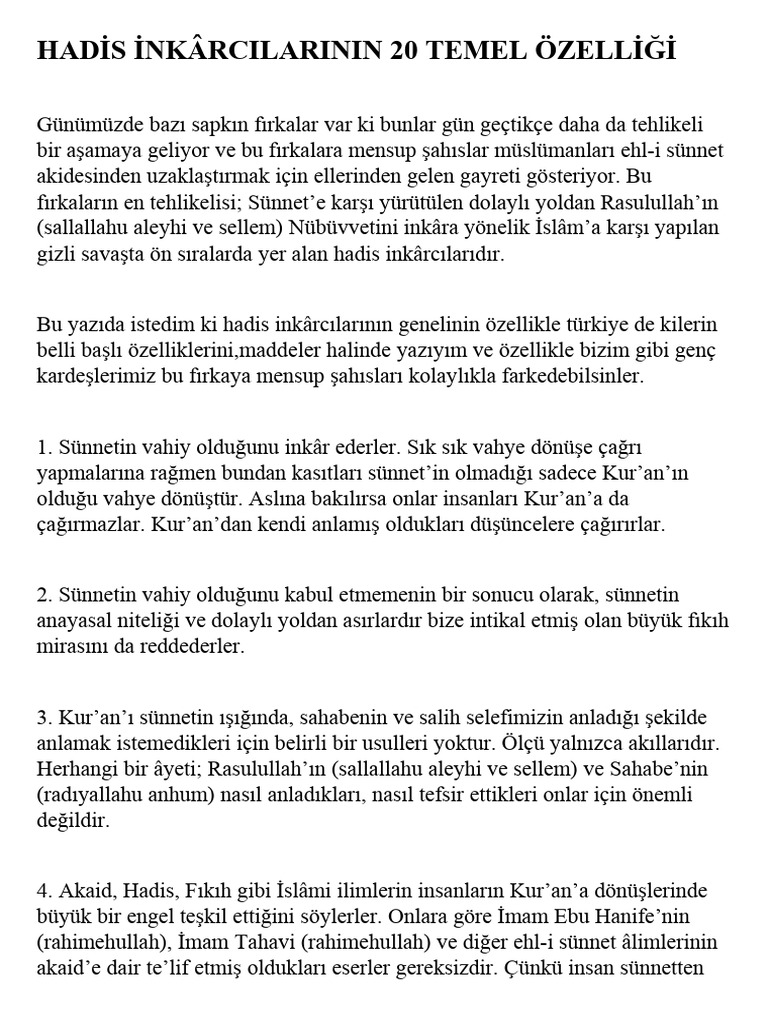 Hadis Inkarcilarinin 20 Temel Ozelligi | PDF