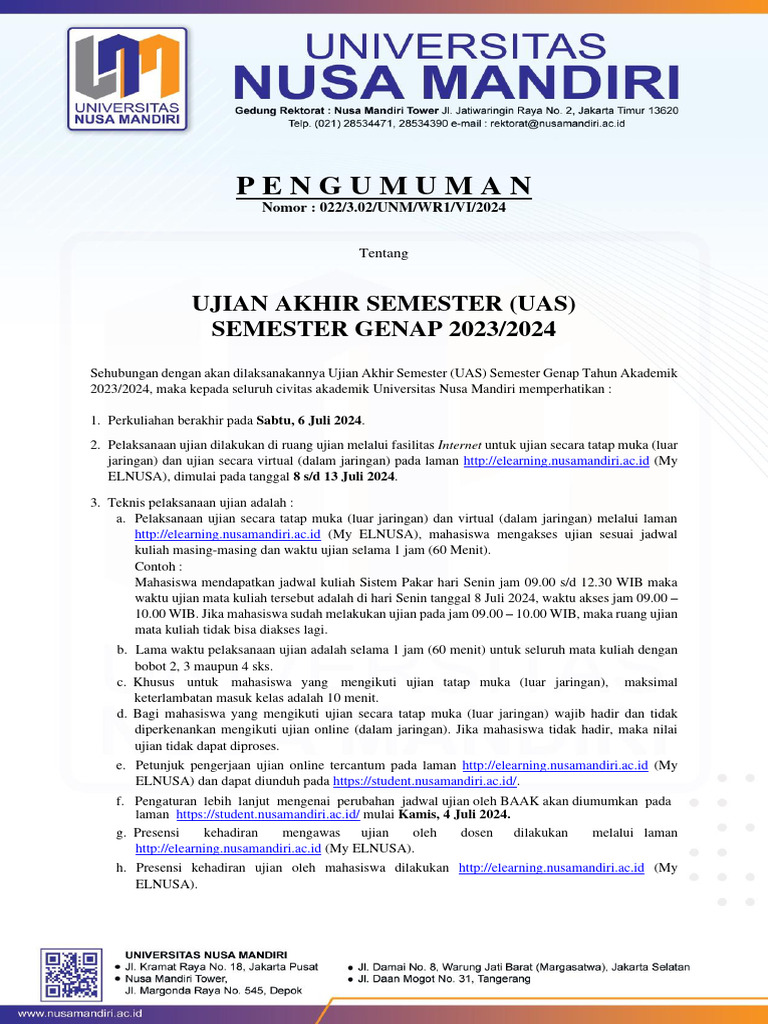 Pengumuman Ujian Akhir Semester (UAS) Semester Genap 2023-2024 | PDF