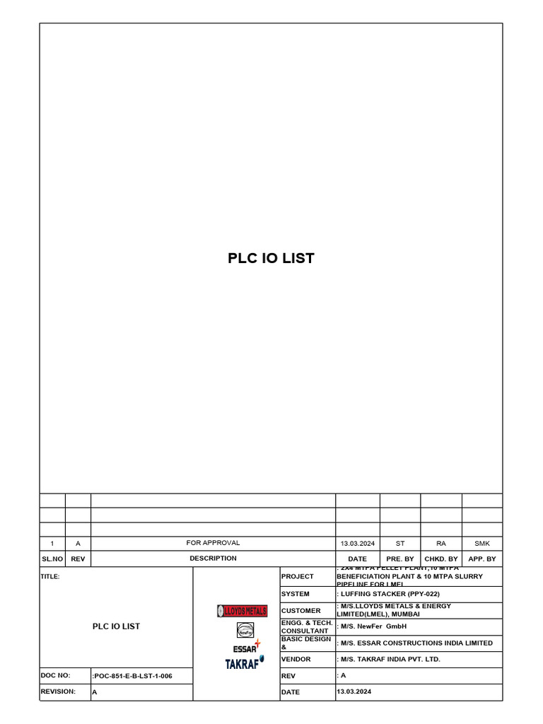 PLC IO List for Luffing Stacker | PDF | Transformer | Equipment