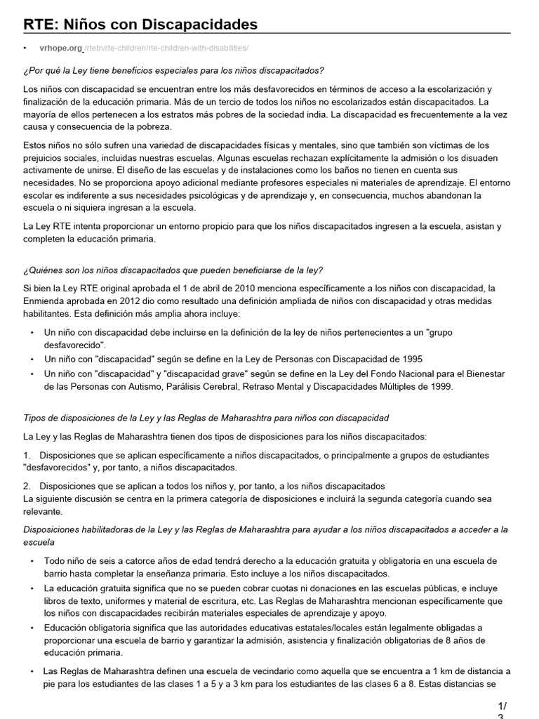 RTE Niños Con Discapacidades PDF | PDF | Escuelas | Invalidez