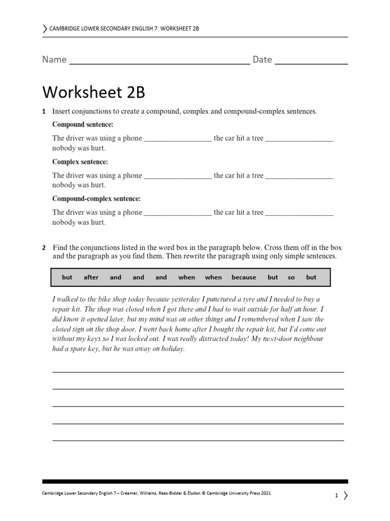 Worksheet 2B: 1 Insert Conjunctions To Create A Compound, Complex and ...