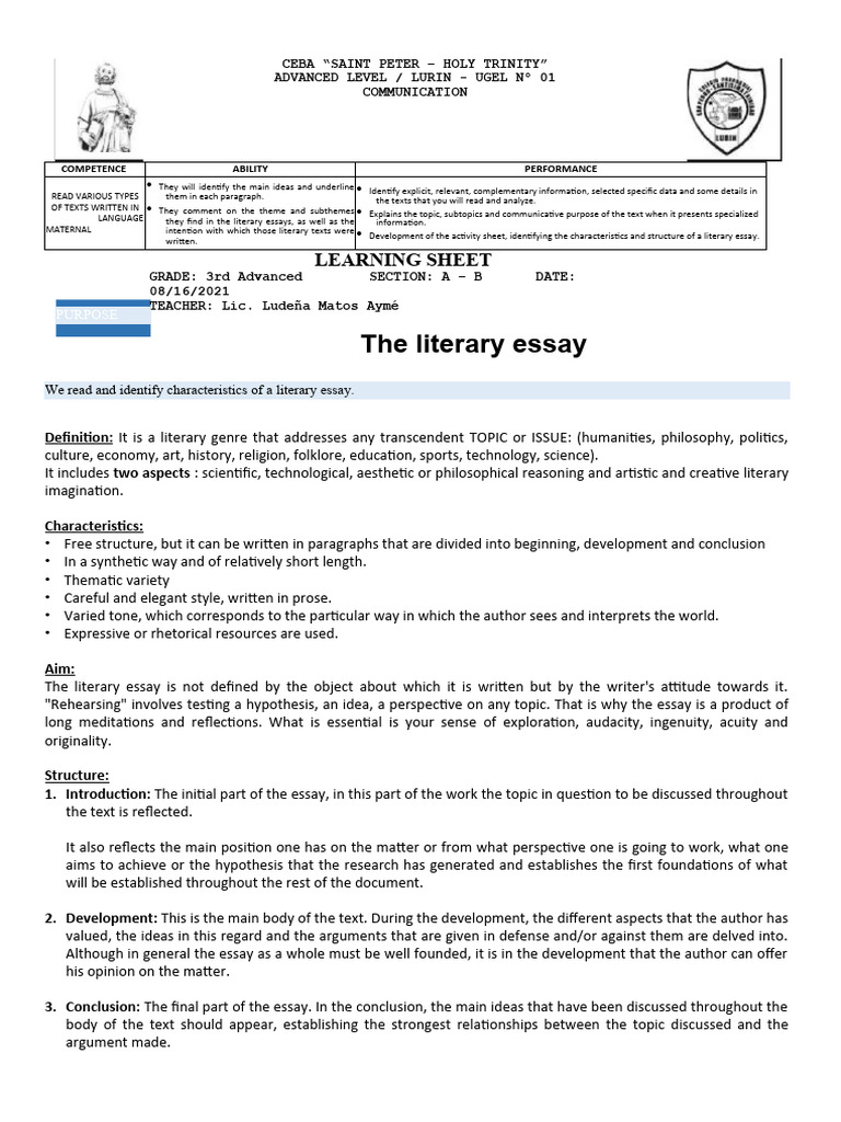 Sem 16 - 3rd - The Literary Essay Sheet 08-16-21 | PDF | Essays | Idea