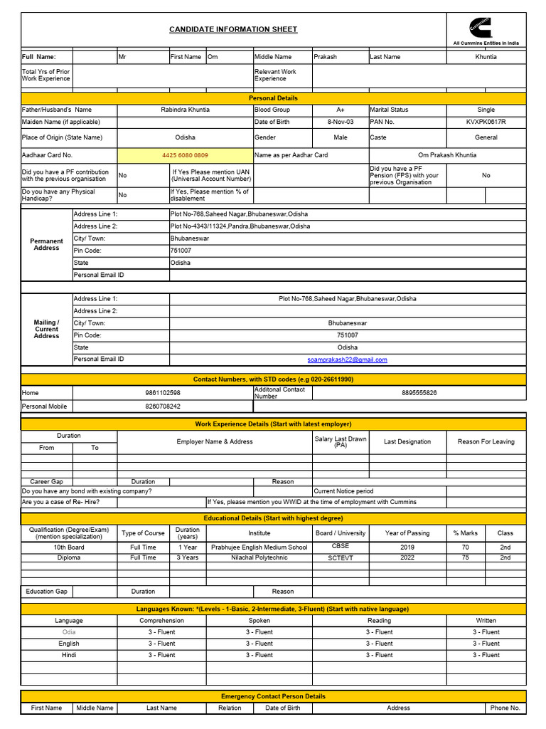 Candidate Information Sheet - Sample Form Revised (Soam) | PDF